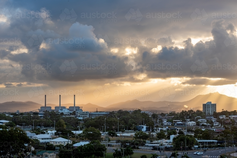 Image of Elevated view of power station and Mount Larcom from South ...