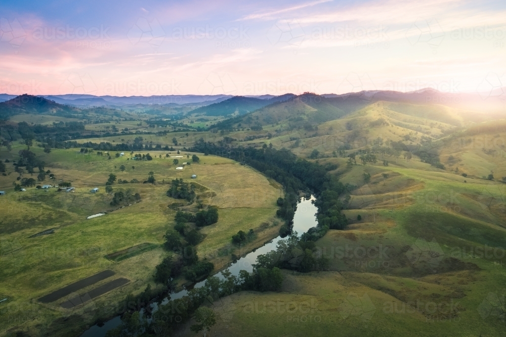 Image of Elevated view of rural agricultural land and waterways ...