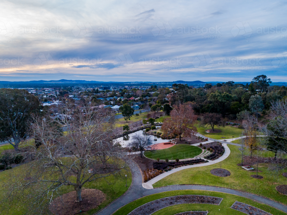 Image of Elevated view of winter parkland with water feature in Wagga ...
