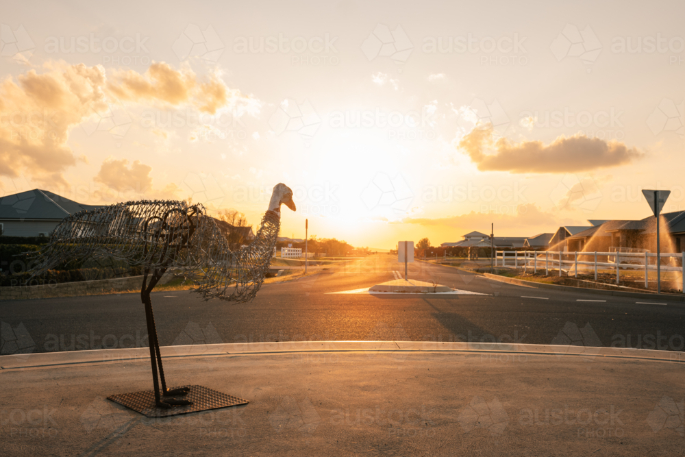 Image of Emu sculptures made of wire on roundabout in residential ...
