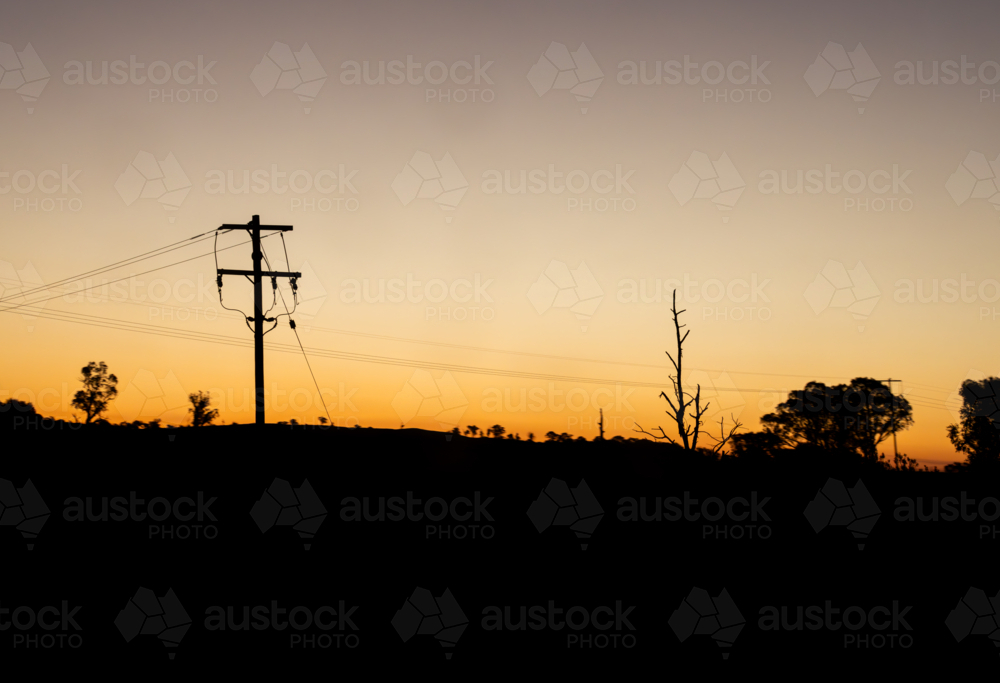 Image of Evening colours of the sky with the power line silhouettes ...