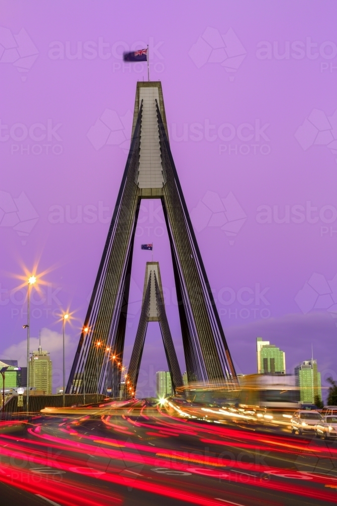 Image of Evening peak-hour traffic on the ANZAC Bridge in Sydney, NSW ...