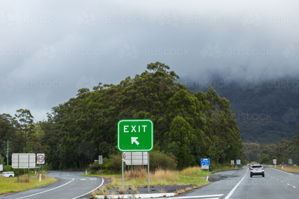 Image of exit sign on highway on east coast of Australian in overcast ...