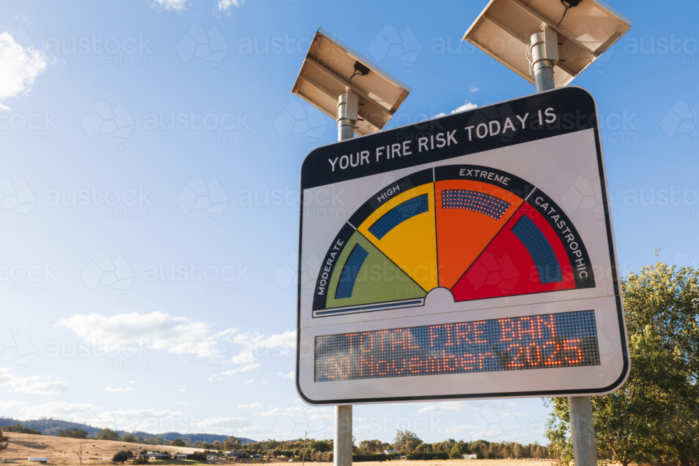Image of Extreme fire danger risk warning sign advising total fire ban ...