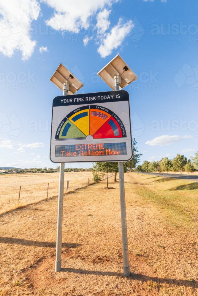 Image of Extreme fire danger risk warning sign beside road in rural New ...