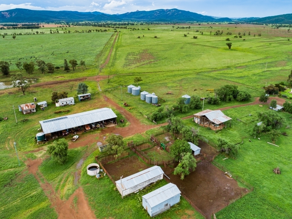 Image of Farm buildings and stockyard seen from above on overcast day ...