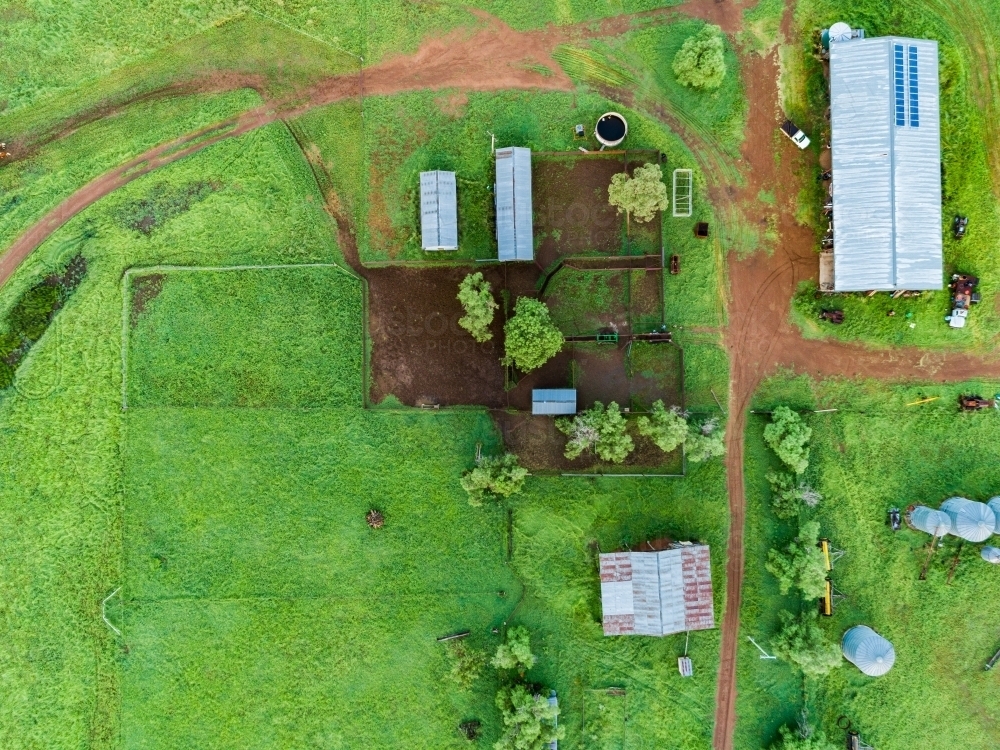 Image of Farm buildings and stockyard seen from above on overcast day ...
