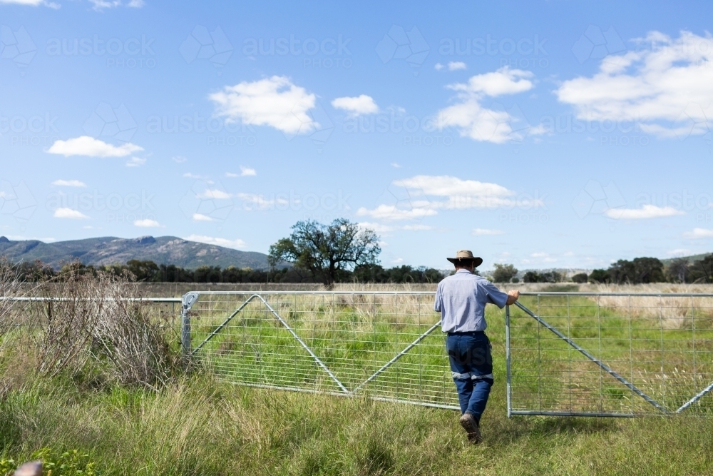 Image of Farmer opening metal farm gates to pastoral paddock on ...