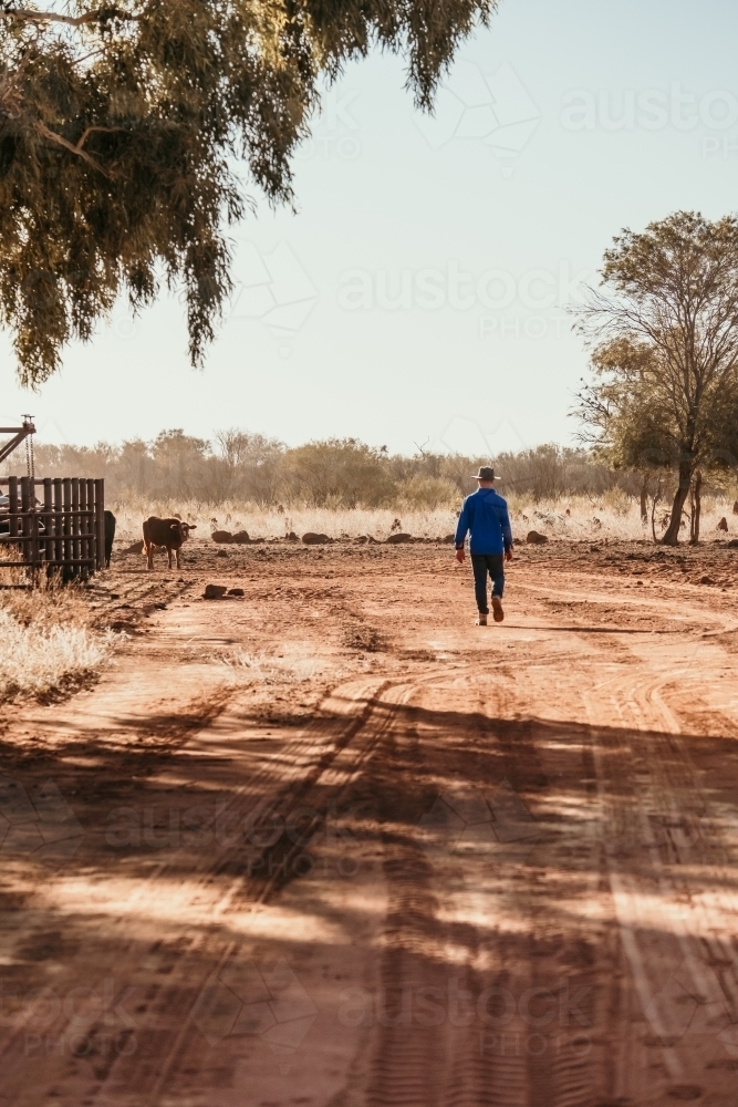 Image of Farmer walking on red dirt track in outback - Austockphoto