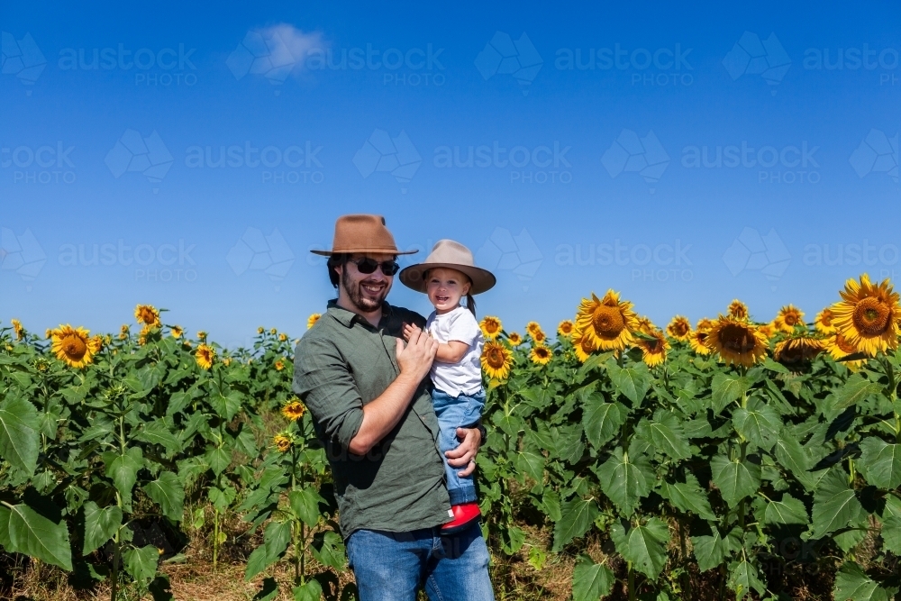 Image of Father and daughter on sunflower farm together in bright sun ...