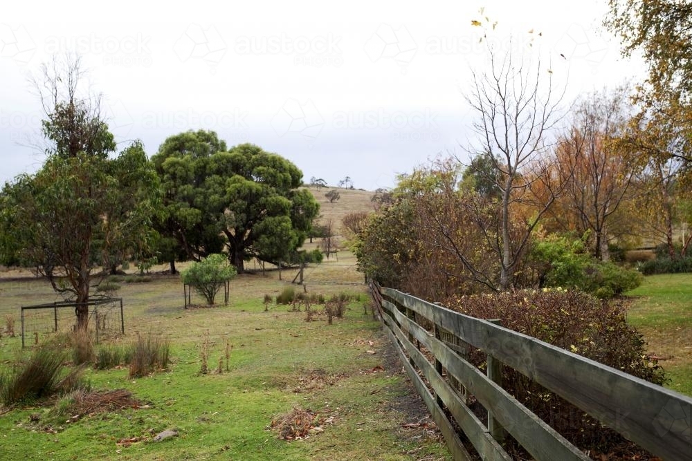 Image of Fence dividing the farm paddock and garden - Austockphoto
