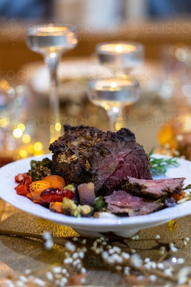 Image of festive roast beef on a platter - Austockphoto