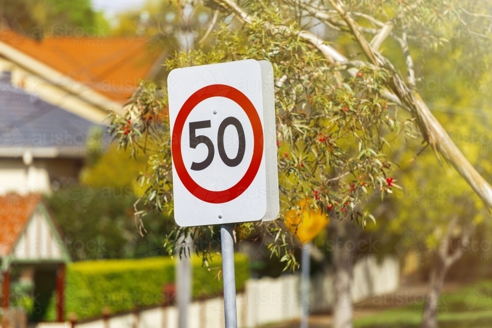 Image of Fifty speed limit sign in suburban Sydney - Austockphoto