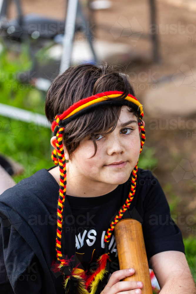 Image of First Nations Australian Worimi boy holding didgeridoo in ...