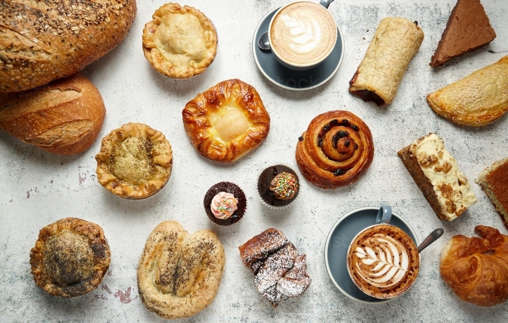 Image of Flat lay of pastries and bread - Austockphoto
