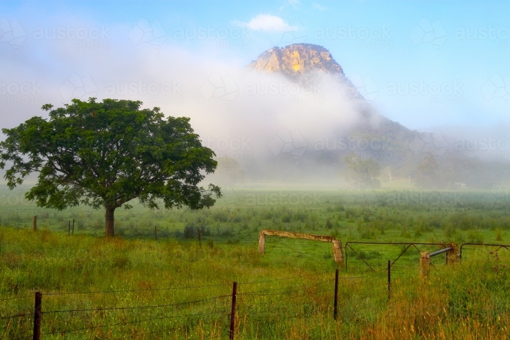 Image of Fog clearing over a rural scene and mountain - Austockphoto