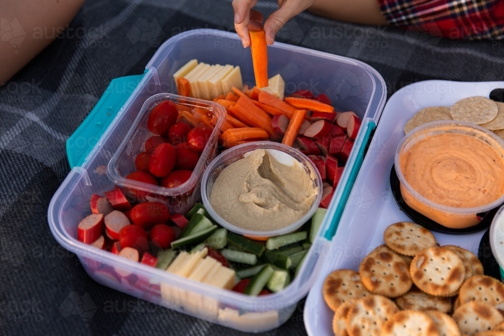 Image of food in containers on a picnic rug in a park - Austockphoto
