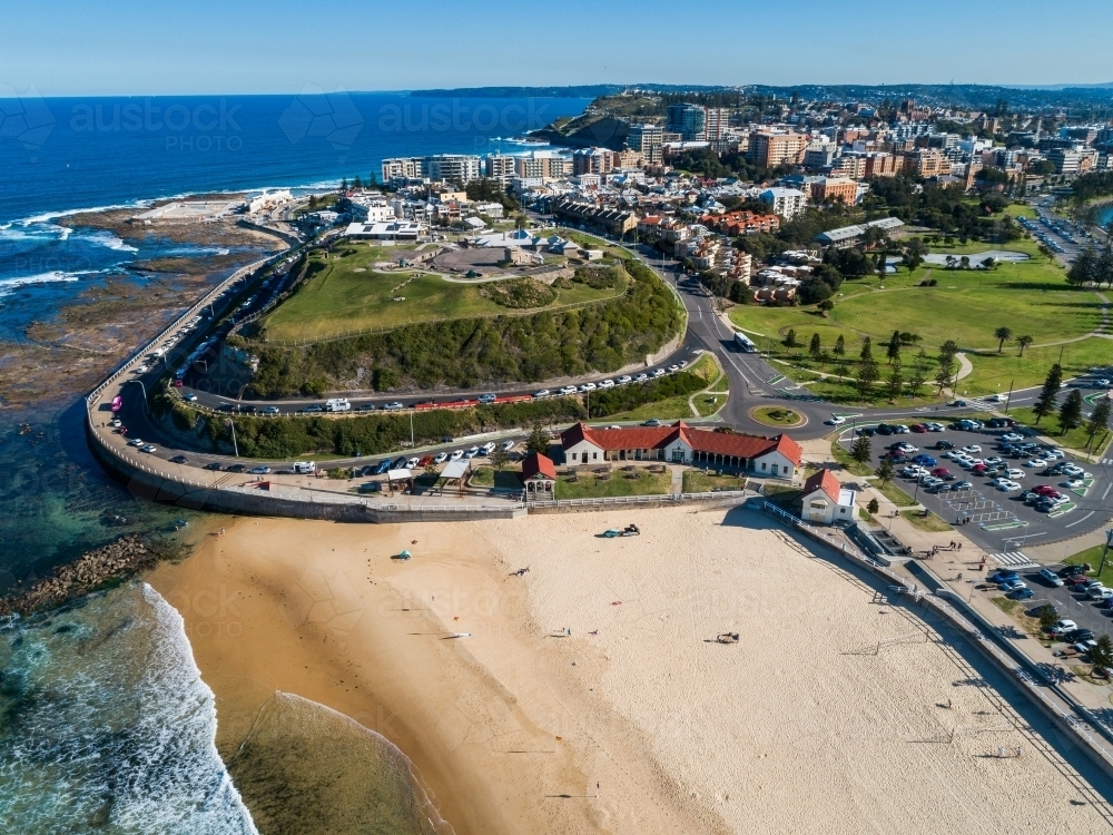 Image of Fort Scratchley in Newcastle on sunlit day, Nobbys beach surf ...