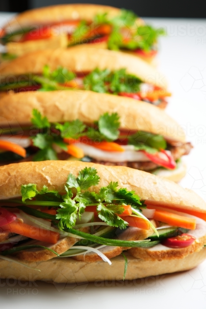Image of Four banh mi lined up on blank background - Austockphoto