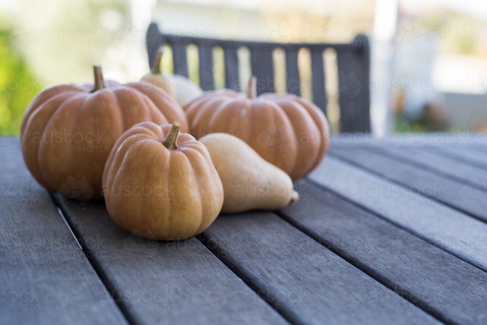 Image of Fresh pumpkins on a wooden table - Austockphoto