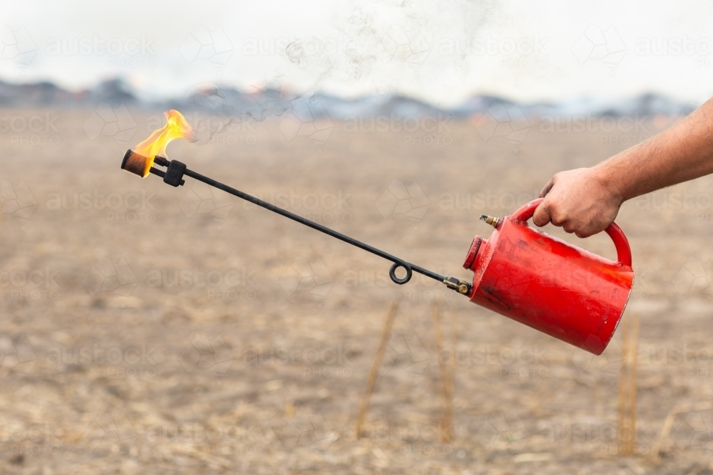 Image of Fuel-filled fire-lighter with burning stubble in background ...
