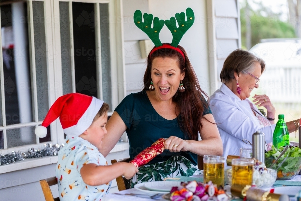 Image of Fun silly moments of popping a Christmas cracker before lunch ...