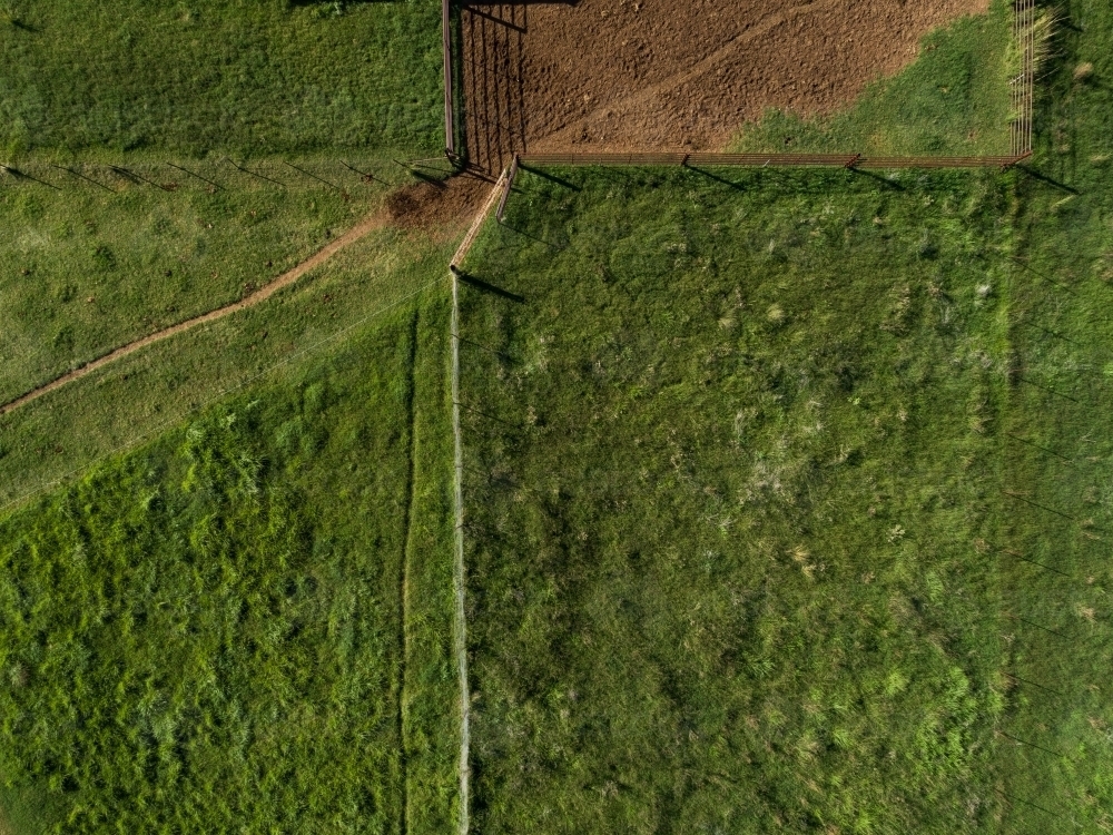 Image of Gateway between green paddock and churned up soil in stockyard ...