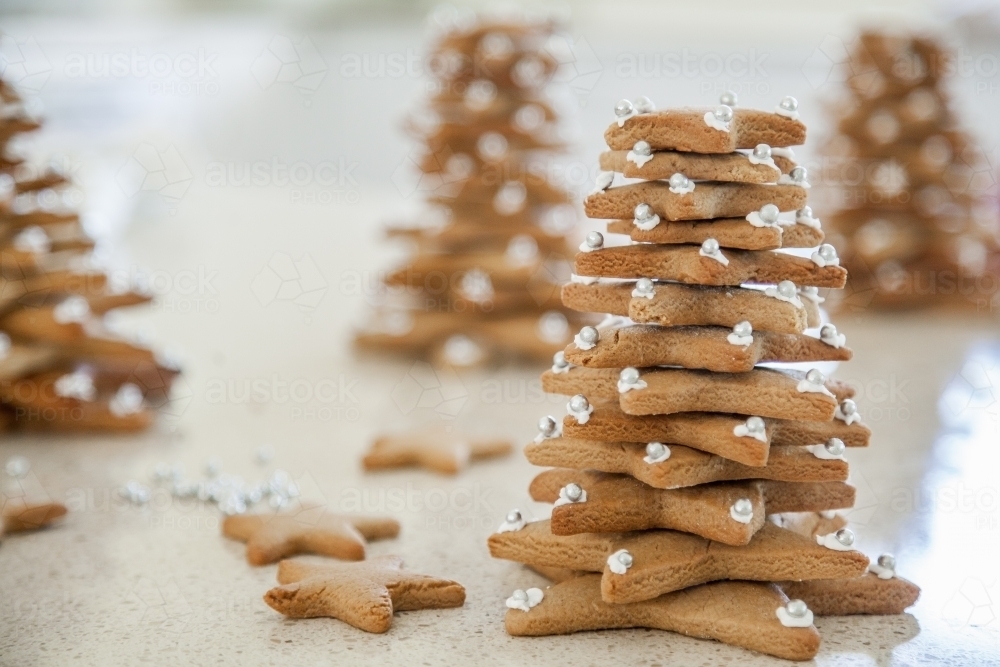 Image of Gingerbread Christmas trees made with star biscuits - Austockphoto