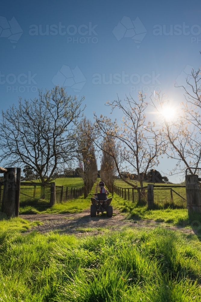 Image of girl on a quad bike on a farm - Austockphoto