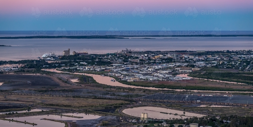 Image of Gladstone Harbour at sunset with the Coral Sea in the distance ...