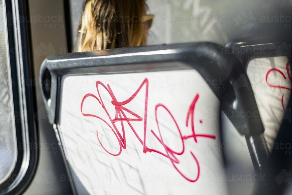 Image of Graffiti on back of bus seat - Austockphoto