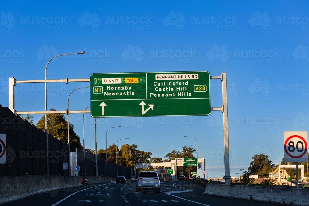Image of Green overhead road signage before NorthConnex tunnel with ...