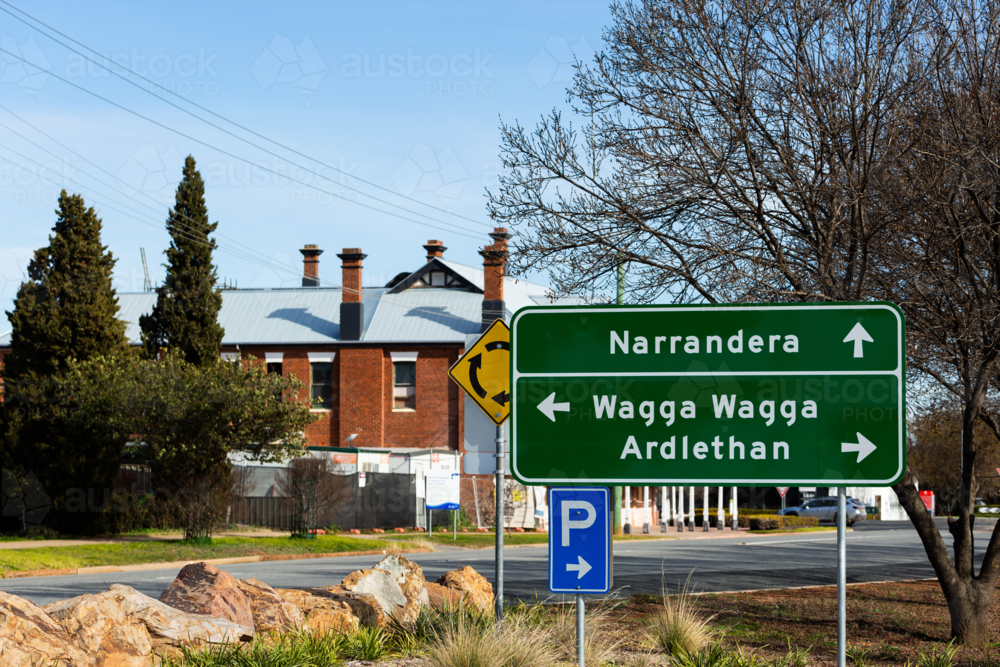 Image of Green roadside sign with directions to Narrandera, Wagga and ...