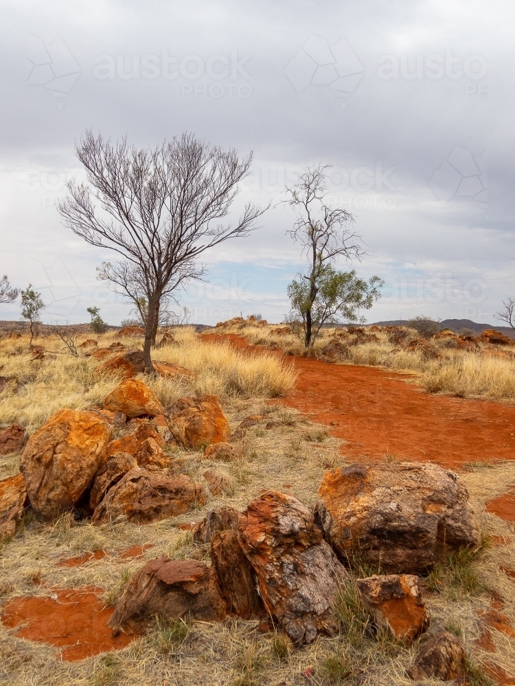 Image of grey sky red dirt and rocky outcrop in Central Australia ...