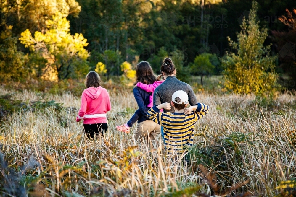 Image of Group of teens and children bushwalking - going on a bear hunt ...