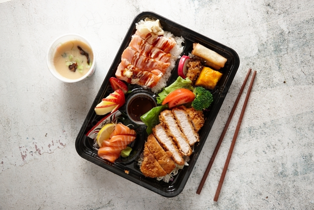 Image of Hakata bento dish with miso soup - Austockphoto