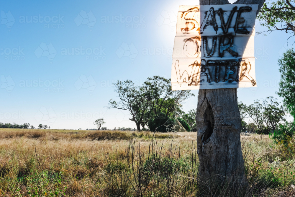 Image of Handmade protest sign SAVE OUR WATER on tree - Austockphoto