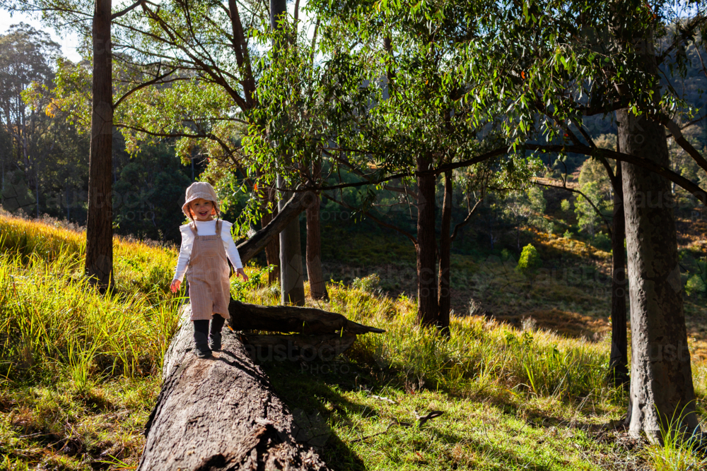 Image of Happy little kid walking along old fallen log exploring native ...