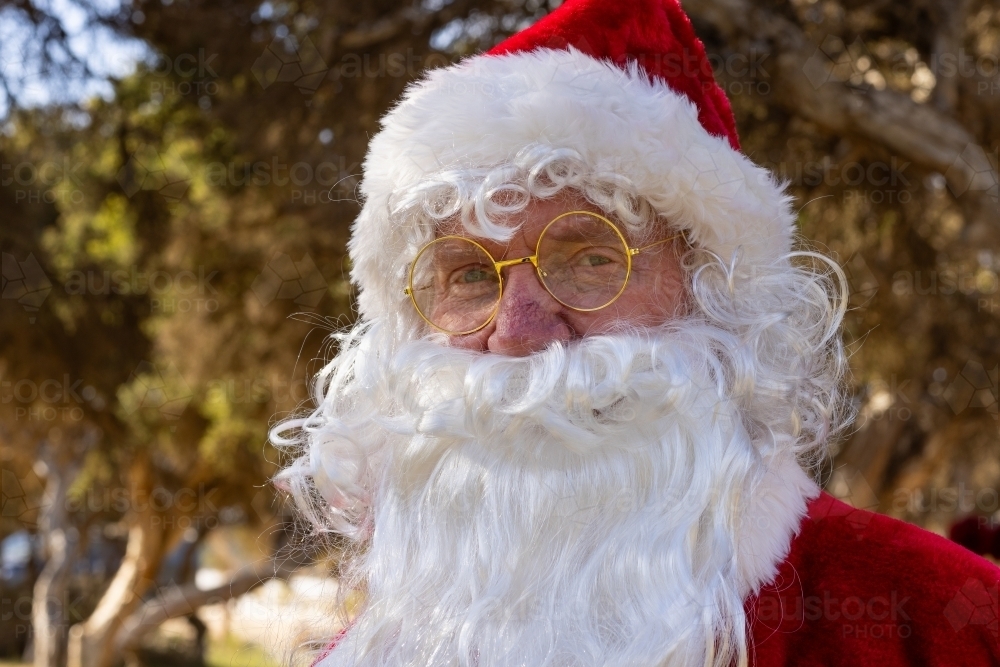 Image of head and shoulders of caucasian man in santa suit - Austockphoto