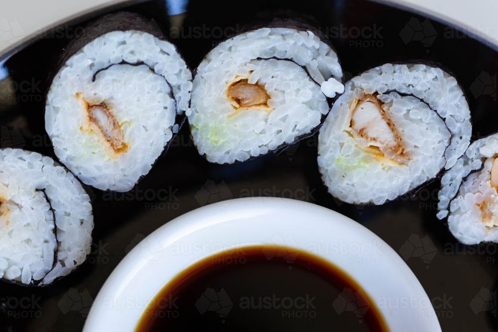 Image of Homemade chicken sushi with dipping sauce - Austockphoto