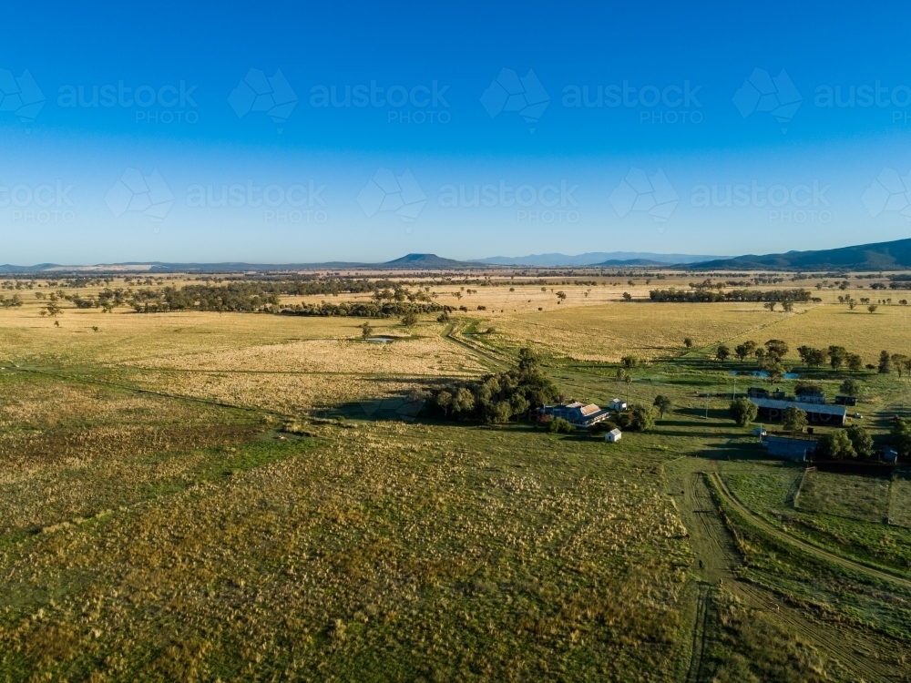Image of Homestead in flat paddock under blue unclouded sky - Austockphoto
