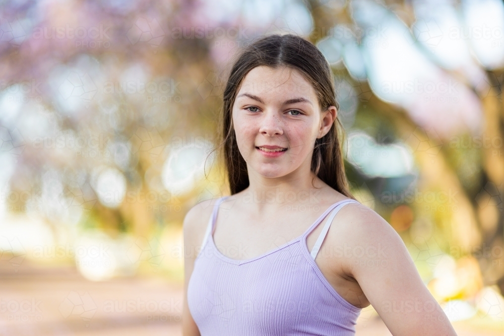 Image of Horizontal portrait of happy young lady - Austockphoto