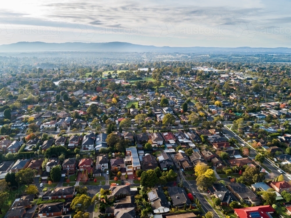 Image of Houses and streets of city suburb to hills - Austockphoto