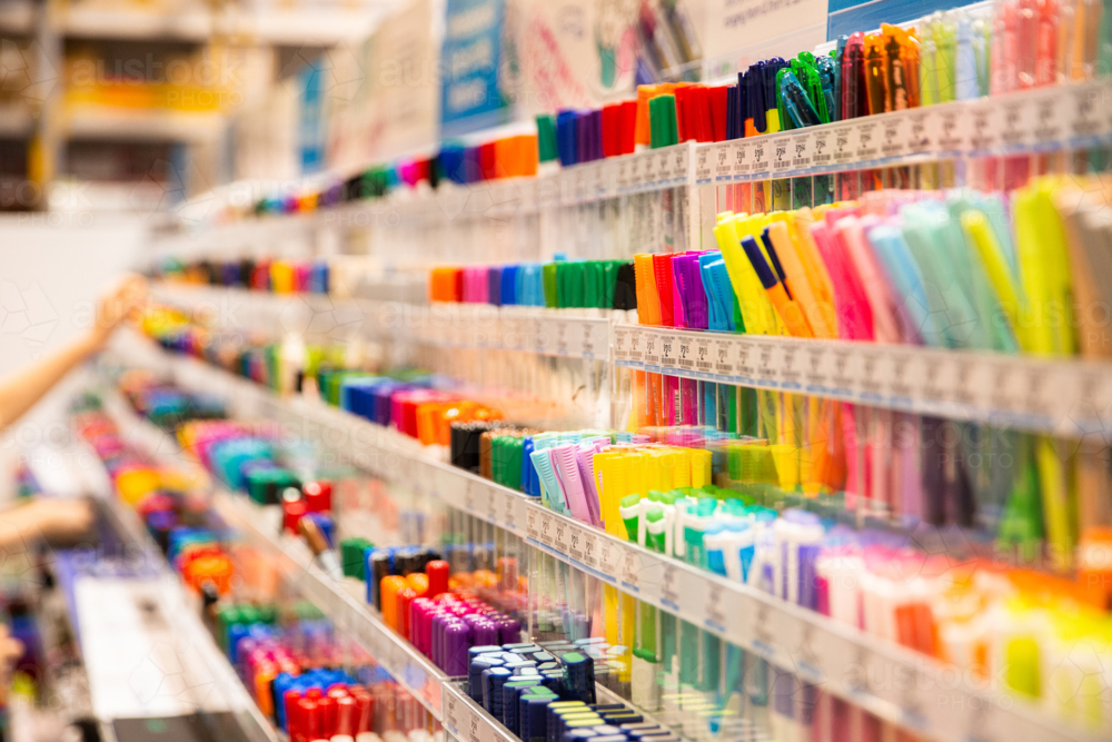 Image of hundreds of pens on display at a stationery shop - Austockphoto
