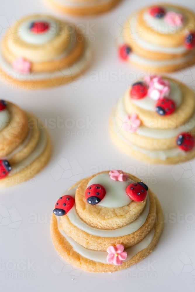 Image of Icing sugar ladybugs on stacked biscuit birthday party treats ...