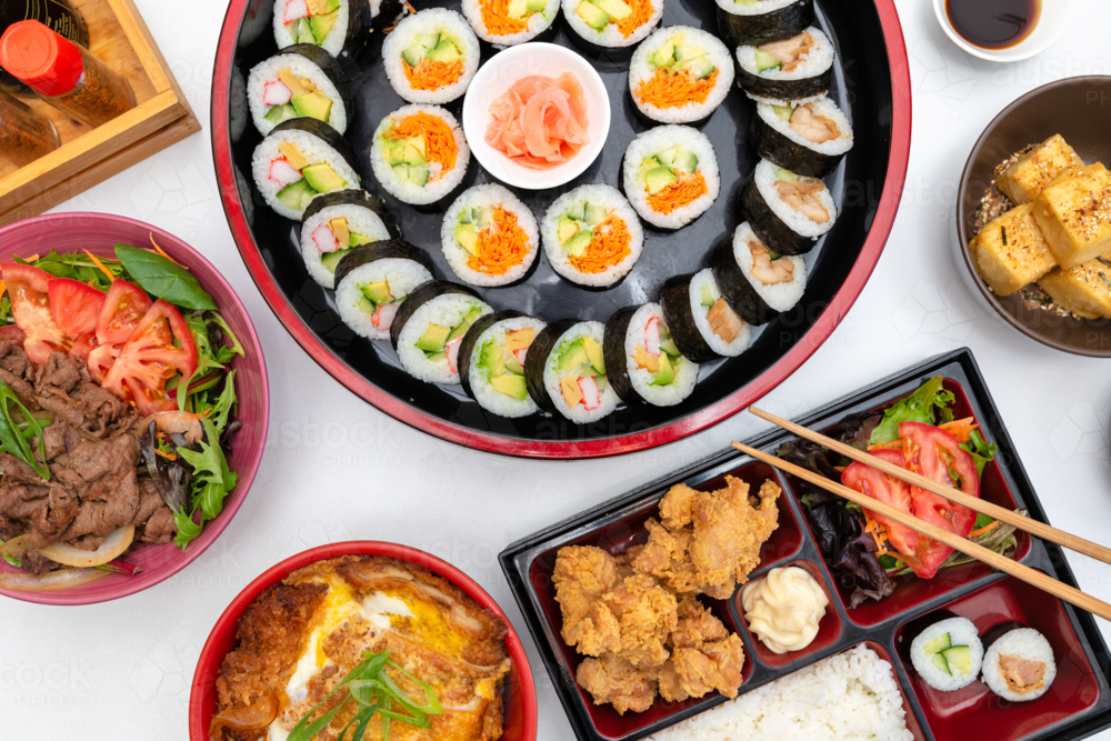 Image of Japanese Array Of Food On White Table - Austockphoto
