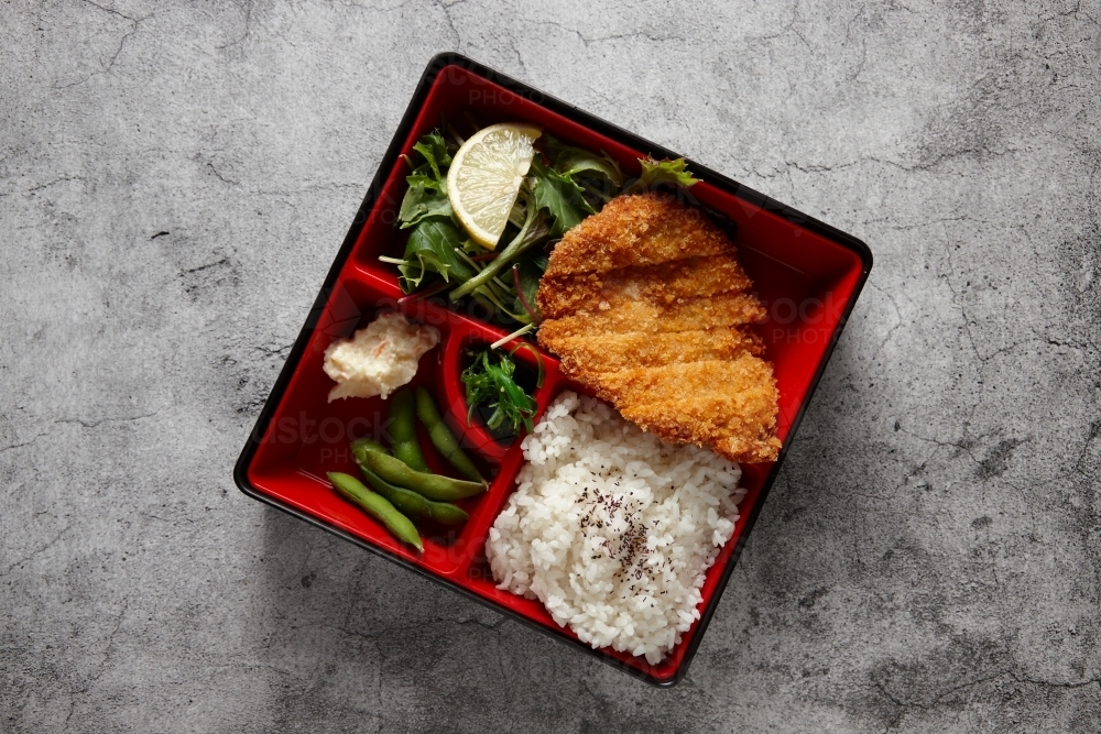Image of Katsu bento box with rice, meat, and vegetables - Austockphoto