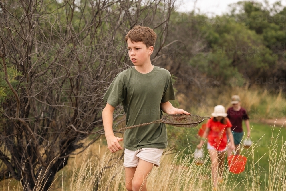 Image of Kids catching tadpoles. Outdoor nature activity. - Austockphoto