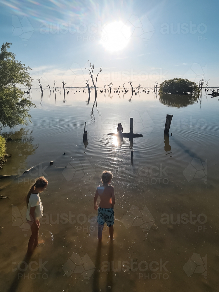 Image of Kids swimming at Kow Swamp in rural Victoria at sunset ...