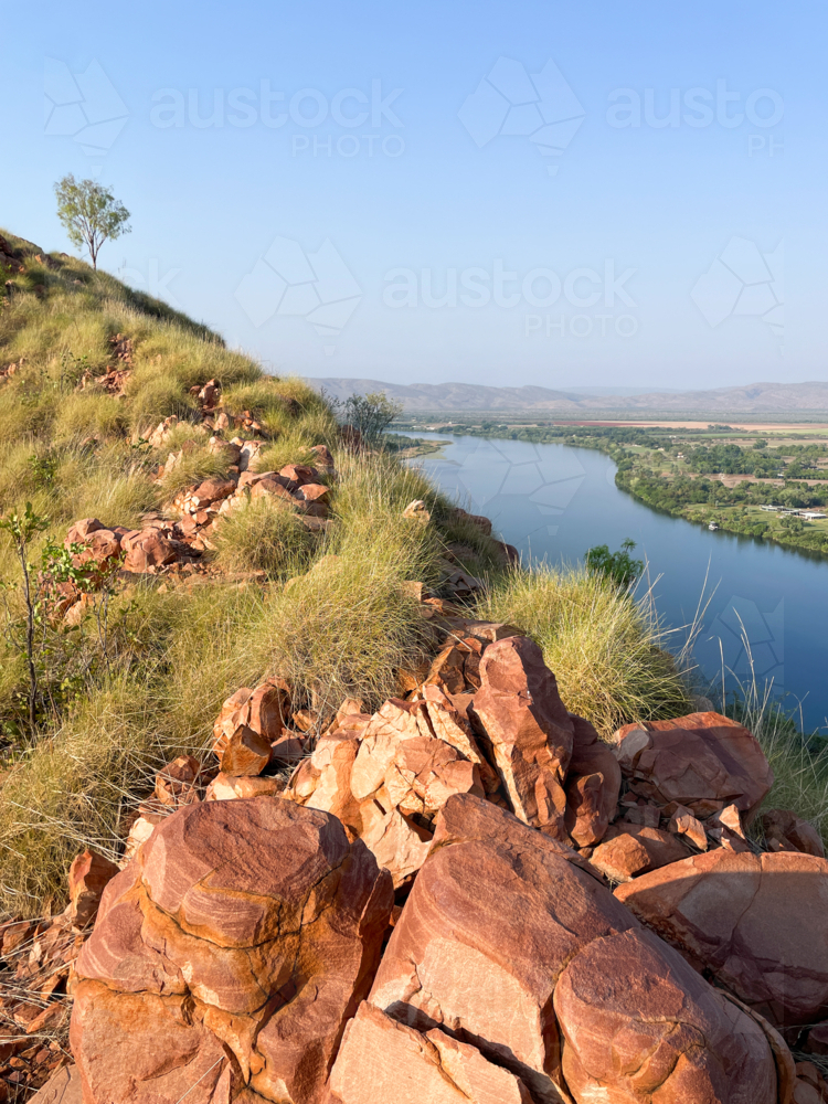 Image of Kimberley’s Landscape of red rock and spinifex with valley and ...